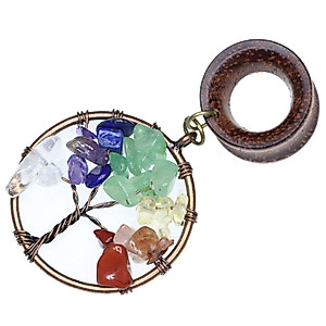 00G 10mm 7 Chakra Tree of Life Wood Dangle Ear Gauges Piercing Flesh Tunnels Plugs Stretching Kit Expander