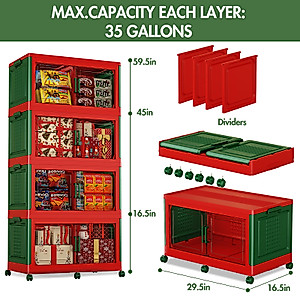 Fangtueh 140GAL Christmas Storage Bins with Lid and Wheels, Large Christmas Storage Totes with Lid, Stackable Christmas Storage Containers for Ornament, Holiday Decoration Red and Green Totes, 4 Pack