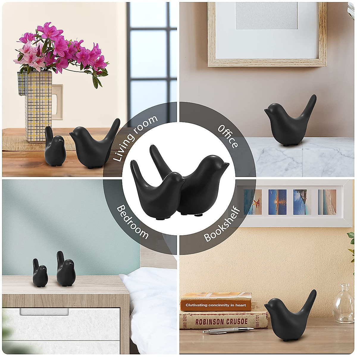 Homoyoyo 2Pcs Black Ceramic Birds Figurines, Small Animal Statues Home Decor, Modern Minimalist Animal Ornament Crafts for Home& Garden Decor