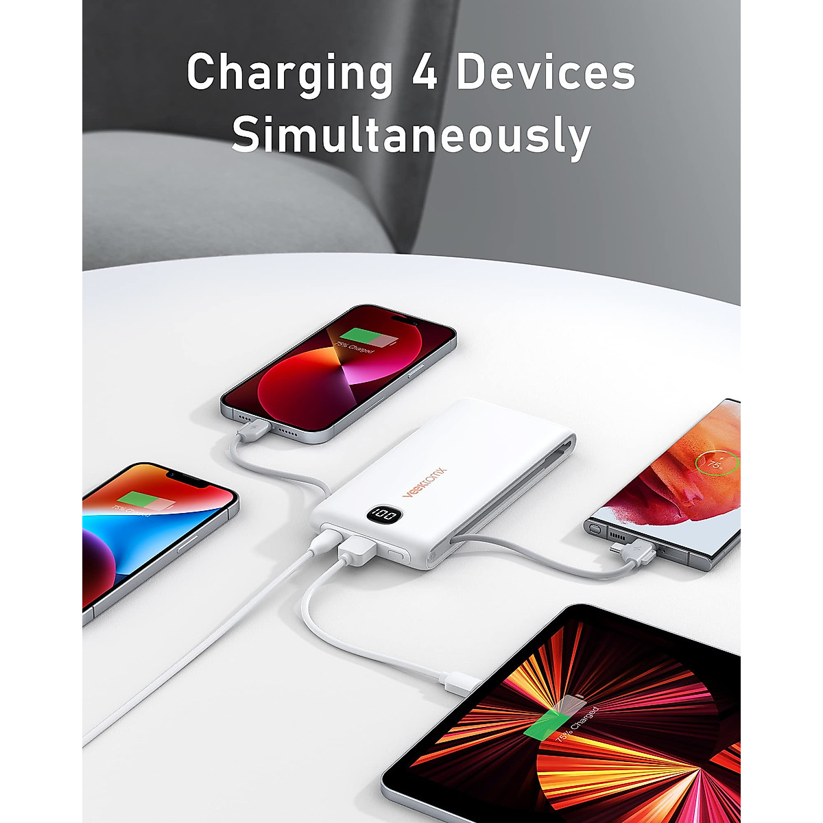 VEEKTOMX Power Bank with Built in Cables 22.5W 10000mAh, Portable Charger for iPhone with AC Wall Plug, Fast Charging USB C Slim iPhone Charger with LED Display Compatible with iPhone15/14/13, Samsung
