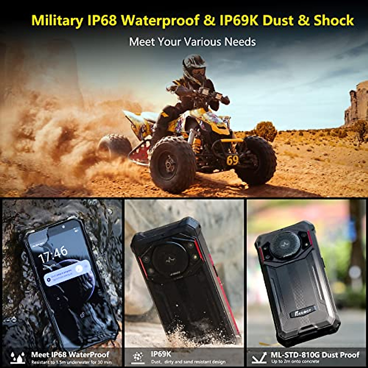 FOSSIBOT Rugged Smartphone, 10600mAh Battery, Android 12 7+64GB Rugged Phone, 24MP Rear Camera, 5.45" HD+ Compactness Cell Phone, 3.5W Loud Speaker, IP68 Waterproof Unlocked Phone, Dual SIM 4G, OTG