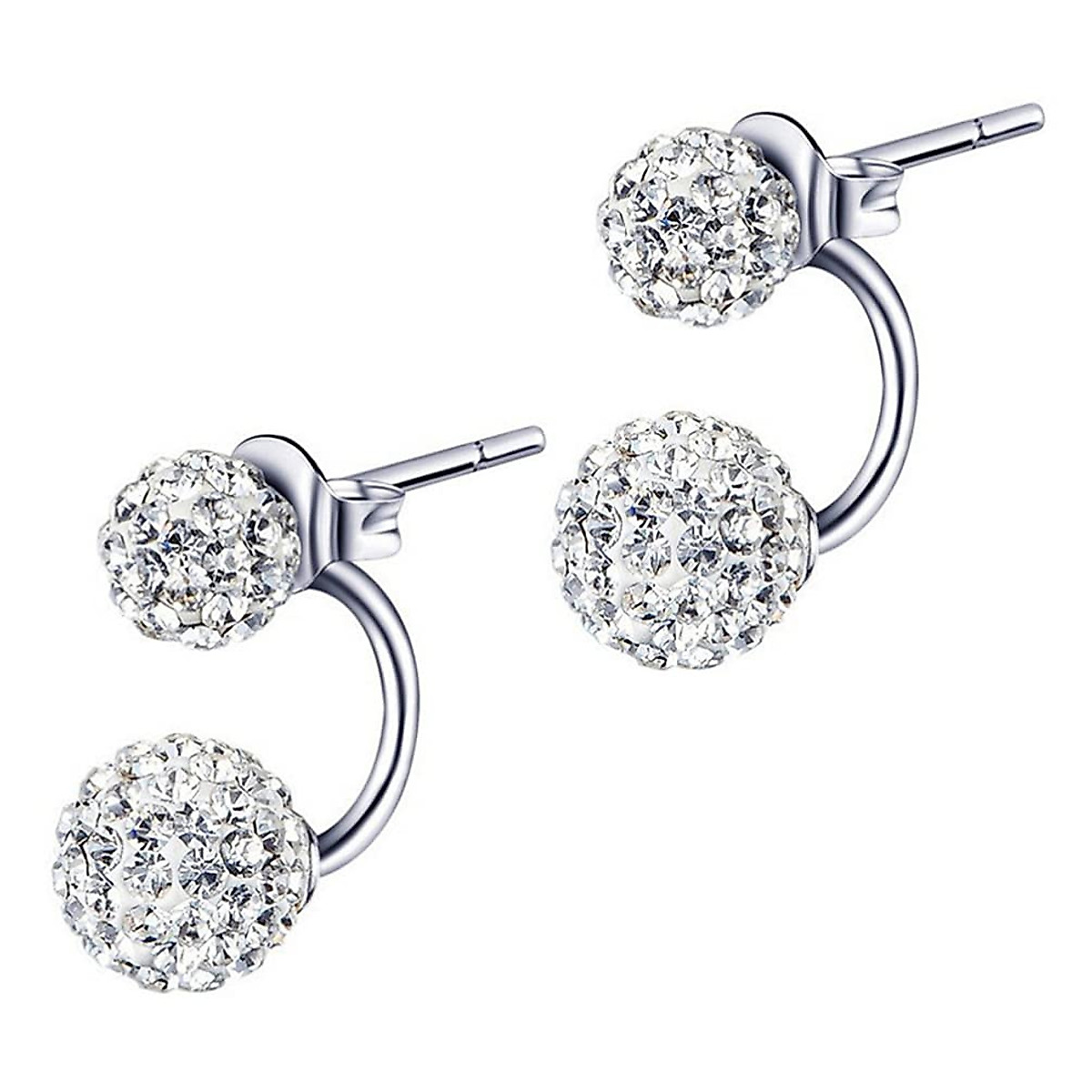 Generic 925 Sterling Silver Double Ball Earrings 1 Pair Chic Round Rhinestones Crystal Ear Studs Front Back 2 in 1 Diamond Earing Jewelrie Shiny Glittering Women Ear Ornament Piercing Retainers
