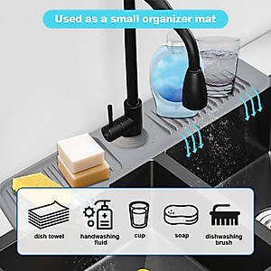 5°slope kitchen sink splash guard-gray silicone faucet mat handle drip catcher tray behind faucet with soap dispenser hole-1pc water clear gadgets for sink accessories 5 by 24inch long organizer