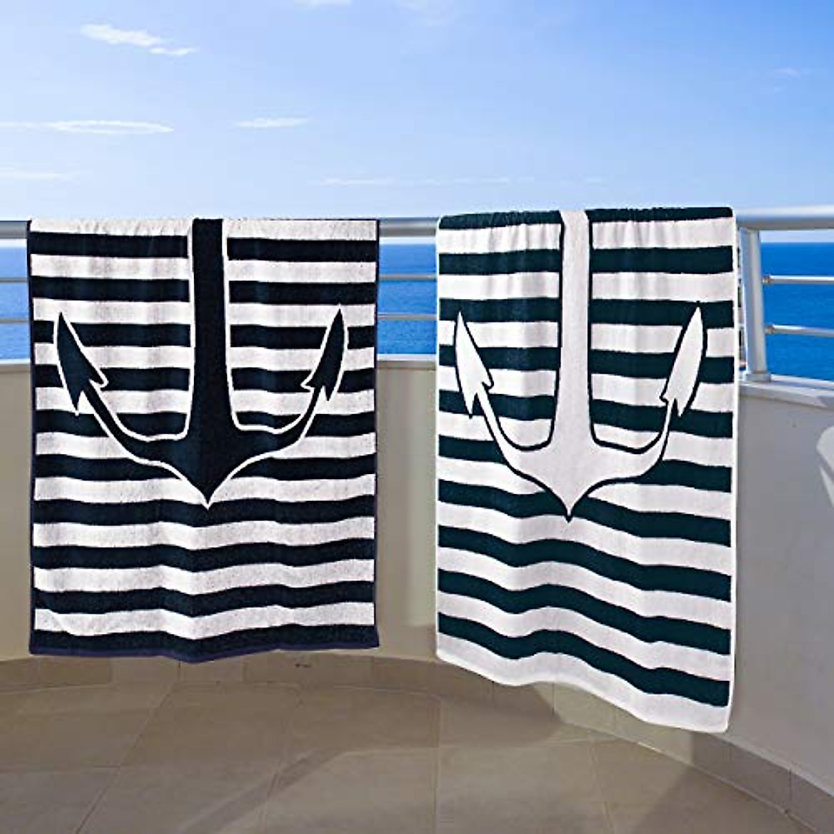 SUPERIOR 100% Egyptian Cotton, 450 GSM, Yacht Club Oversized Beach Towel (Set of 2) 34”x 64”, 2-Ply, High Absorbency Nautical Striped Anchor Pattern