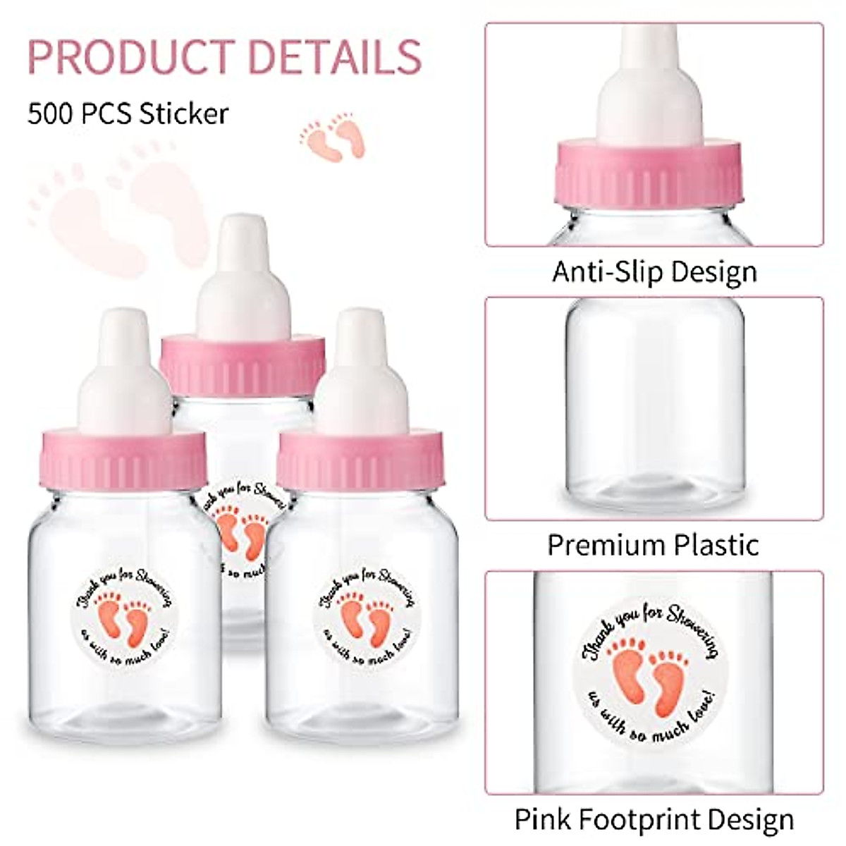 48 Pieces 1.5 x 3.5 Inch Baby Shower Mini Milk Bottle with 500 Adhesive Thank You for Showering Stickers, Small Pink Baby Shower Bottle Plastic Fillable Gift Boxes DIY Baby Shower Party Favor