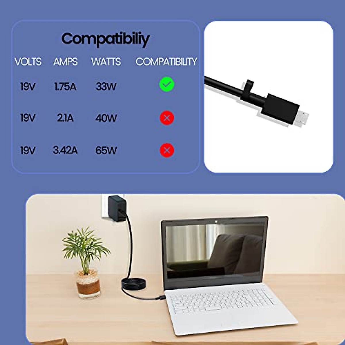 ​33W Laptop Charger Replacement for Asus Chromebook C201P C201 C201PA C100PA C100P C100 Eeebook X205T X205 X205TA Vivobook E200H E200HA AD890526 ADP-33AW B Small Square Tip Power Supply Cord