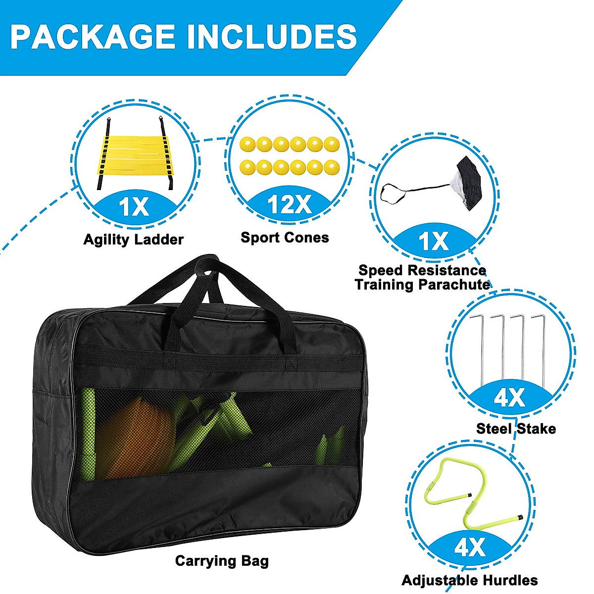 Yaegoo Speed Agility Training Set, Include 1 Resistance Parachute, 1 Agility Ladder with 4 Steel Stakes, 4 Adjustable Hurdles, 12 Disc Cones and a Storage Bag
