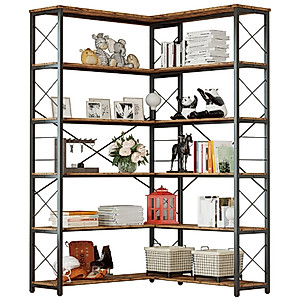 IRONCK 6-Shelf Corner Bookcase, Vintage Industrial Corner Bookshelf Etagere Bookcase, 6 Tiers Corner Shelf Storage Rack with Metal Frame for Living Room Home Office