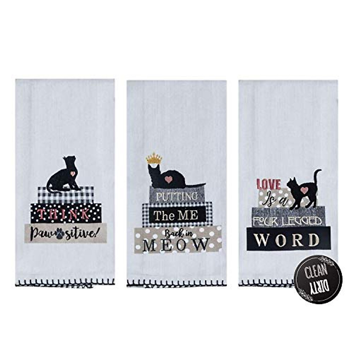 18TH STREET GIFTS Cat Kitchen Towels, Set of 3 Embroidered Dish Towels and Dishwasher Magnet - Cat Kitchen Accessories