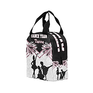Cheerleader Dance Pink Girl Reusable Insulated Neoprene Lunch Tote Bag Cooler with 2 Pockets Custom Personalized Portable Lunchbox Handbag with Name for Gift