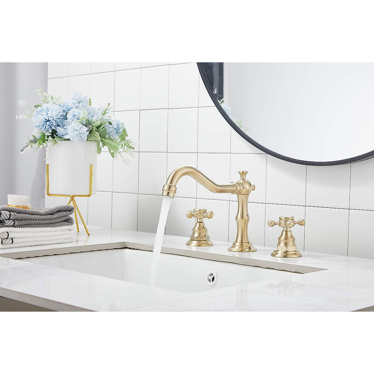 2 Handles Bathroom Faucet GGStudy Brushed Gold 2 Handles 3 Holes Widespread Bathroom Sink Facuet Farmhouse Washingroom Faucet Mixer Tap