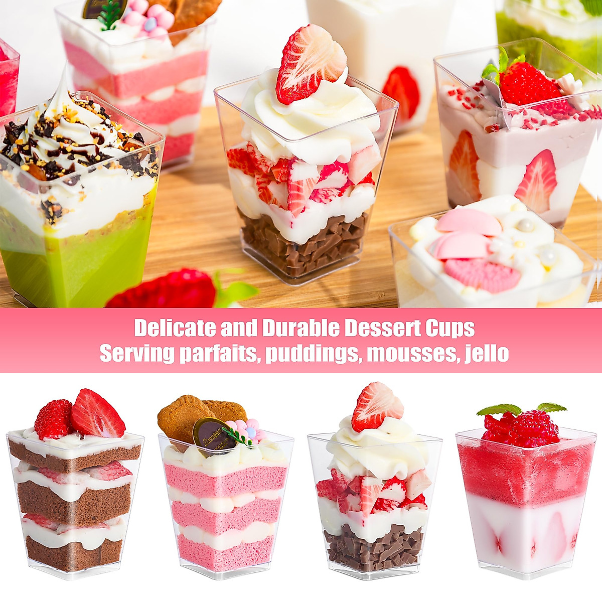 POMINEL Dessert Parfait Cups with Lids, 50 Pack 5 oz Vasos Para Postres Plastic Dessert Cups with Lids and Spoons