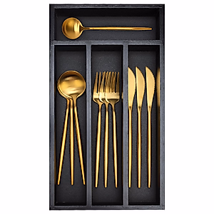 Ayiaren Black Wooden Utensil Tray Best Cutlery Kitchen Drawer Divider Organizer Flatware Tray Wood Cutlery Silverware Drawer Inserts Bamboo Spoon Utensils Storage Organizer