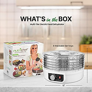 Food Dehydrator Machine - Dehydrate Beef Jerky, Meats, Mushrooms, Fruits & Vegetables - Great For At Home Use - Uses High-Heat Circulation for Even Dehydration - 5 Easy to Clean Stackable Trays.