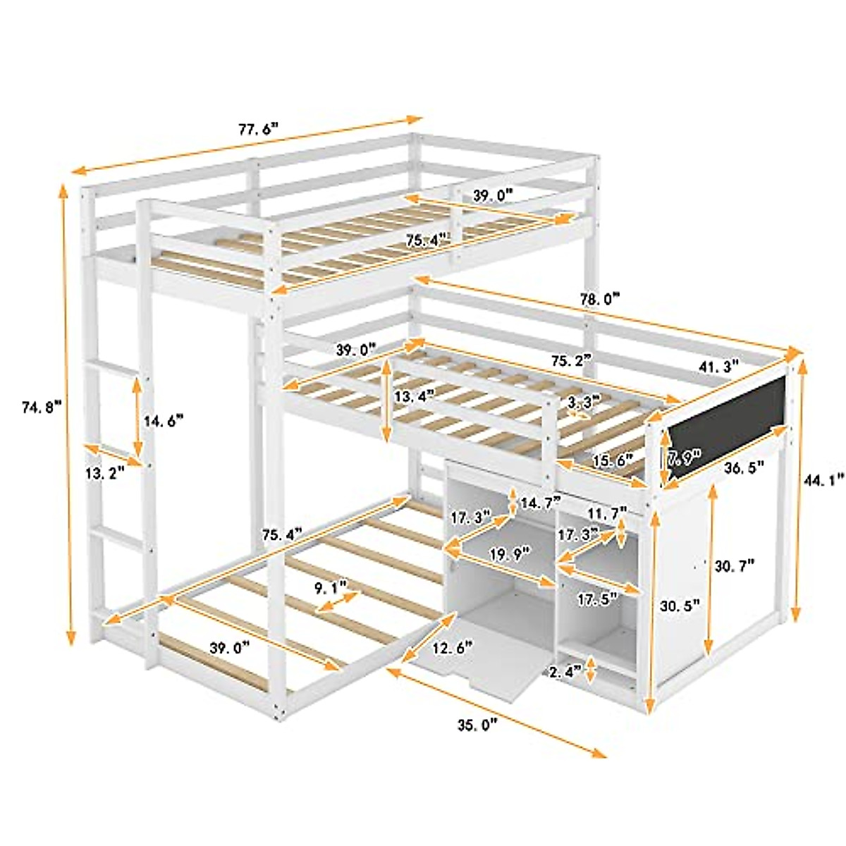 WOXYX L-Shaped Wood Triple Twin Size Bunk Bed with Storage Cabinet and Blackboard, Ladder,White