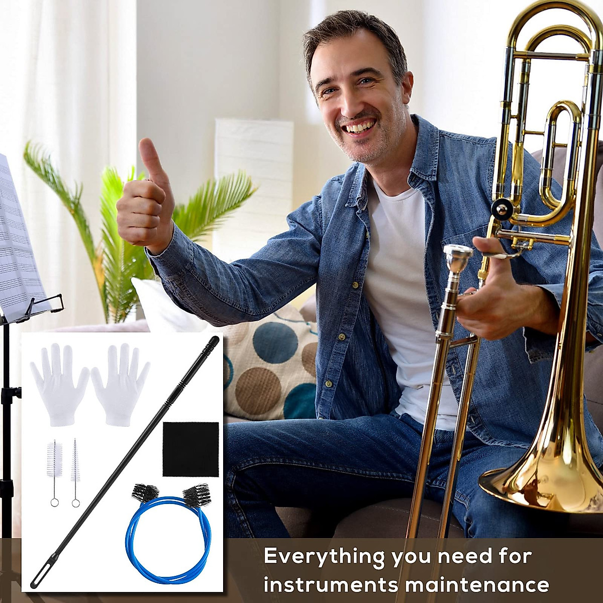 7 Pieces Trombone Care Cleaning Kit Maintenance Kit Flexible Brush Slide Grease Mouthpiece Brush Valve Cleaning Cloth Casing Brush Cleaning Rod White Gloves for Instruments