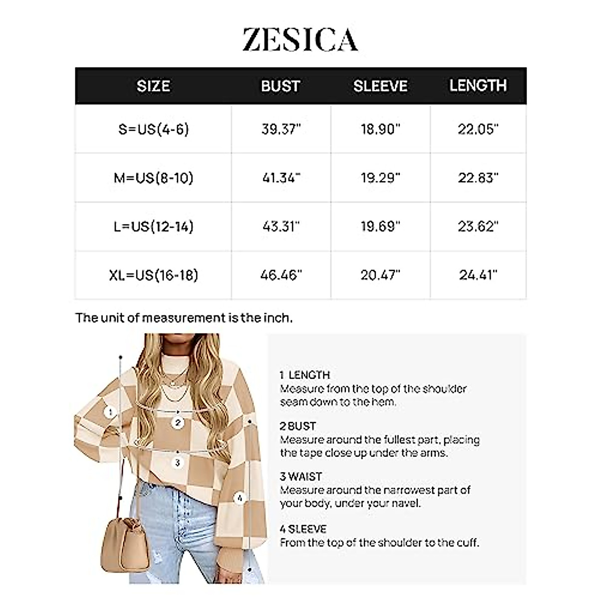 ZESICA Women's 2023 Fall Fashion Turtleneck Long Sleeve Striped Ribbed Knit Loose Pullover Sweater Tops,KhakiPlaid,Small