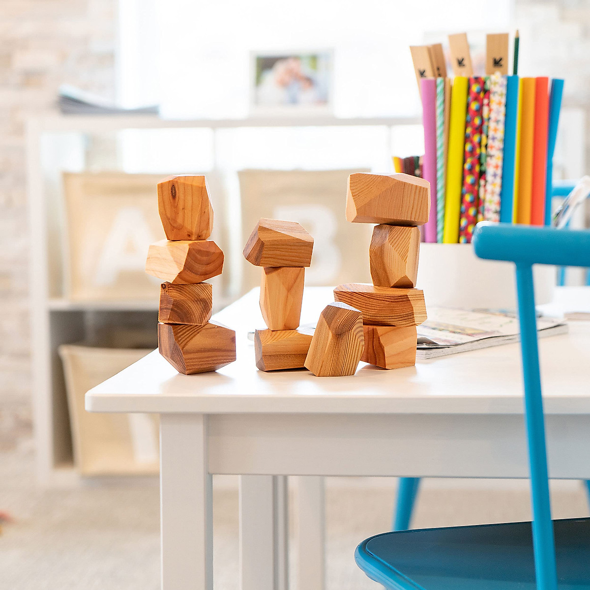 PERCHED Natural Pine Stacking Rocks, Large Wooden Blocks, Montessori Puzzle Game, Toddler Toys For Classroom, Wood Balancing Stones Set (12 Pc)
