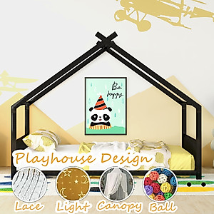 House Beds for Kids, Full Size Floor Bed Frame Metal Montessori Beds with Headboard & Footboard for Children Boys Girls Teens, Black