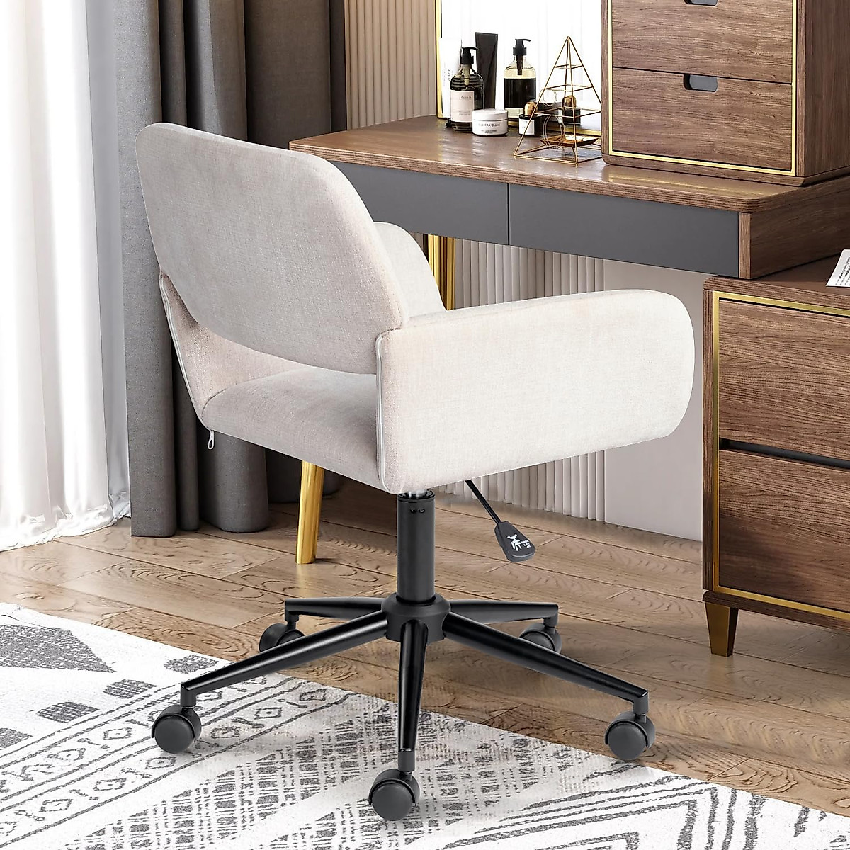 FurnitureR Home Office Chair, Fabric Upholstered Vanity Chairs with Rolling Wheels, Adjustable Study Desk Chair Mid Back Task Chair for Living Room, Bedroom, Small Spaces - Beige