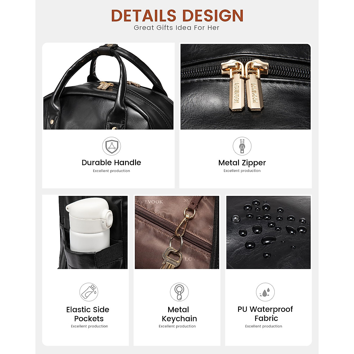 LOVEVOOK Leather Backpack for Women 15.6 Inch, Vintage Laptop Backpack with USB, Spacious Work Backpack Fits Business Office Travel College Black