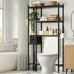 REIBII Over Toilet Storage with Drawer Over The Toilet Storage Shelf 3 Tier Over The Toilet Cabinet Over Toilet Bathroom Storage Bathroom Shelves with Towel Hook,Tissue Holder,Sturdy,Space-Saving