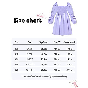 Girl Dresses Square Neck Long Puff Sleeve A-Line Casual Elegant Dress for Girls Purple 7-8 Years