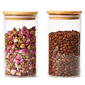 EZOWare 4 x Storage Jars Containers Organizer with Airtight Bamboo Wood Lid for Food Preservation Tea Coffee Sugar Flour Beans, Borosilicate Glass – 700 ml
