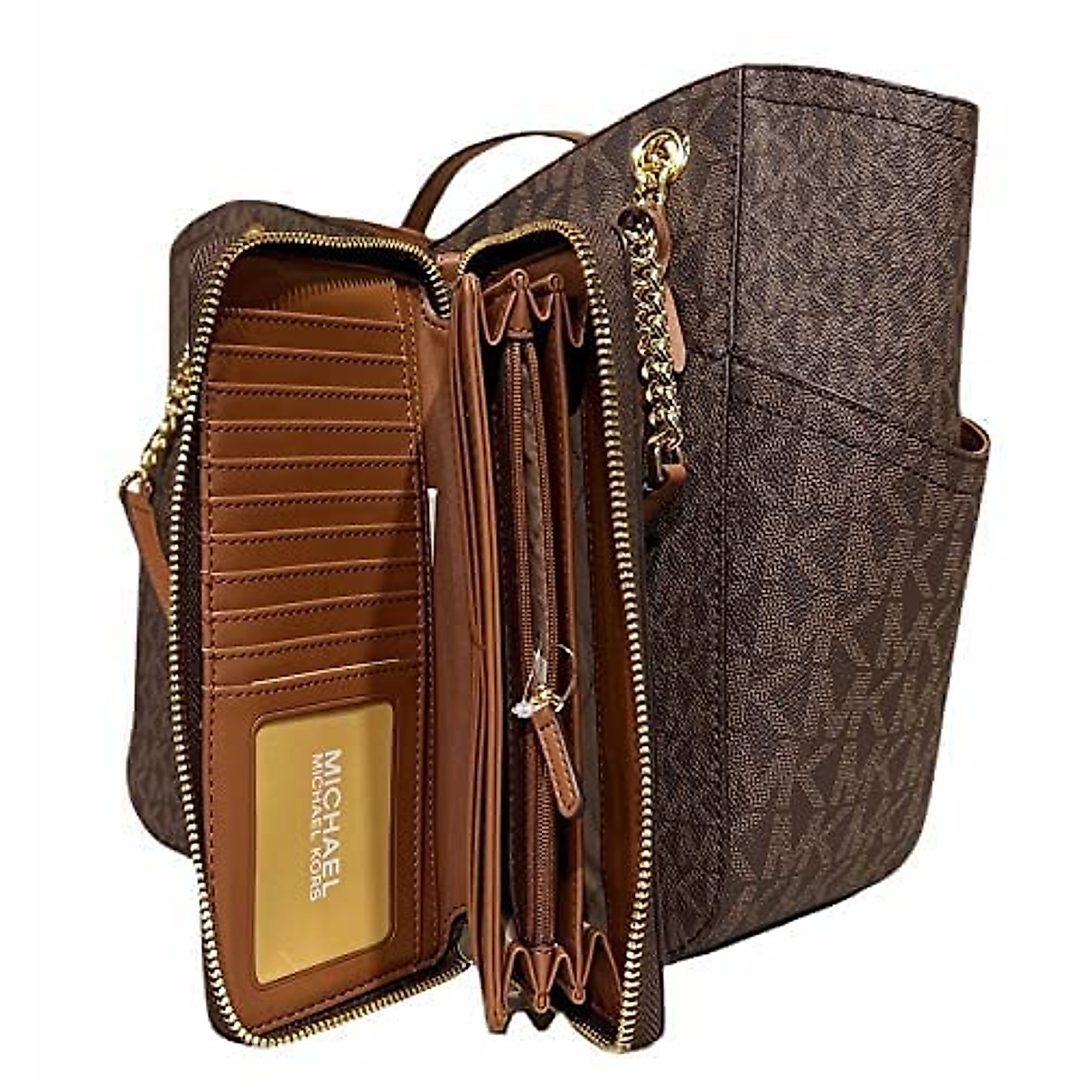 Michael Kors Jet Set Travel Large Chain Shoulder Tote Brown MK Signature Bundled with Michael Kors Jet Set Travel Continental Long Wallet Wristlet Brown