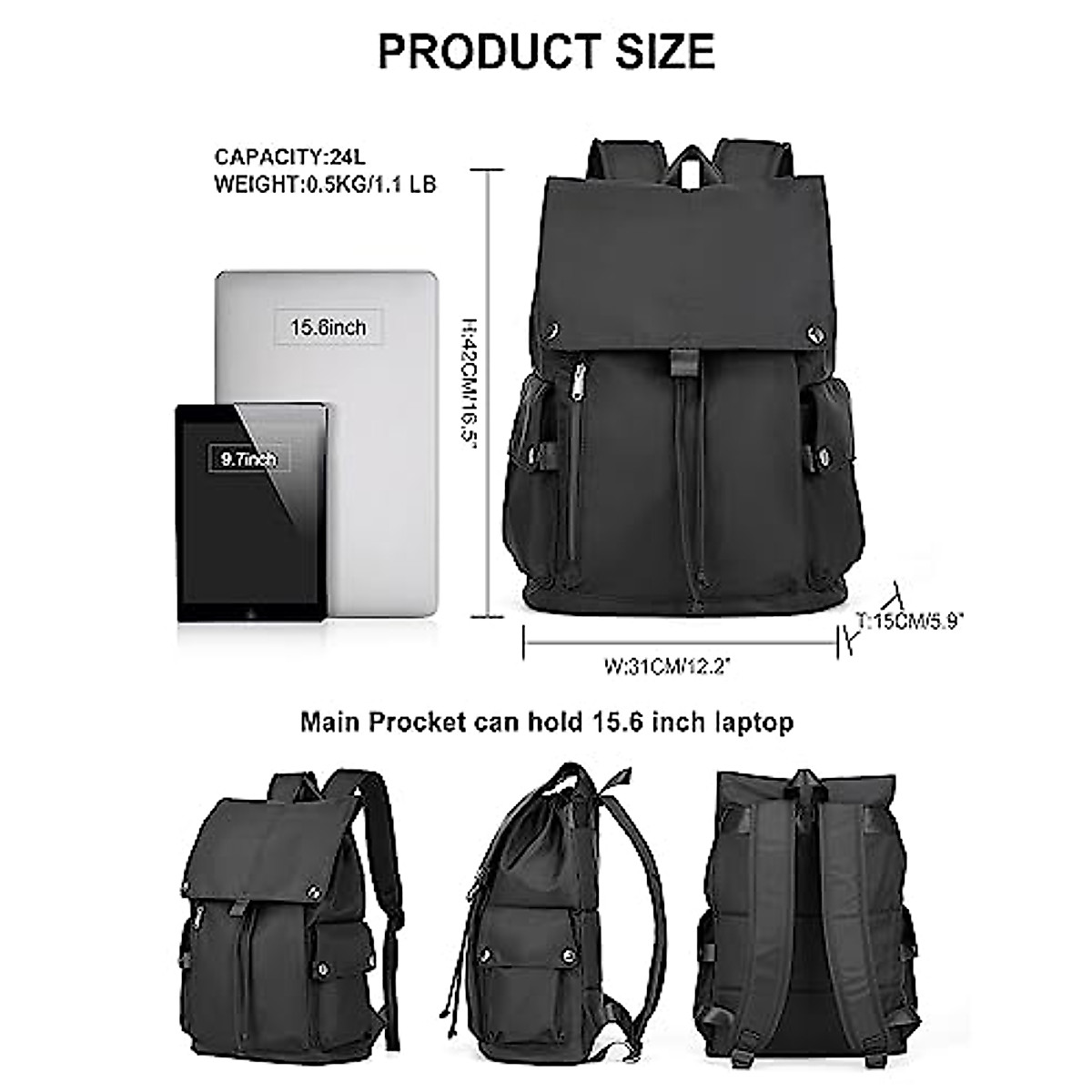 Black School Backpack for Women Men,Middle High School Bookbag Fashion School Backpack for Teens Girls Boys 15.6Inch Waterproof College Students Backpack Lightweight Small Casual Laptop Backpacks