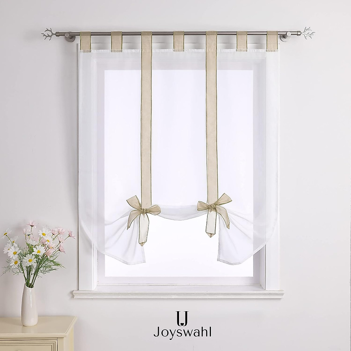 Joyswahl Balloon Shades Tab Top Sheer Window Curtain Balcony Bowknot Tie Up Voile Roman Shades, 1pc (Sand, W47 x L55 inch)