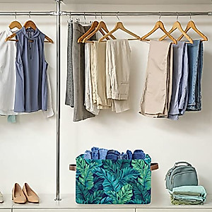 Large Storage Basket Turquoise Tropical Leaves Green Foldable Storage Box Organizer Bins with Handles for Bedroom Home Office