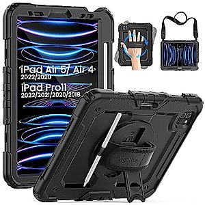 Wgdttve iPad 10.9 Inch Air 5th/4th Generation Case/iPad Pro 11 Inch Case with Screen Protector, Drop Proof Protection 360°Rotating Stand/Handle,Pencil Holder Shoulder Strap Case (Black)