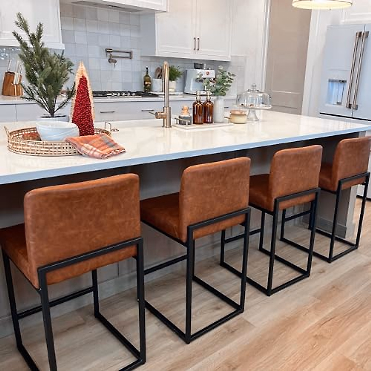 ALPHA HOME 24” Bar Stools Set of 4 Counter Height Bar Stool Pu Leather Kitchen Modern Bar Stools with Backrest Upholstered Footrest Sturdy Chromed Metal Steel Frame,Brown.