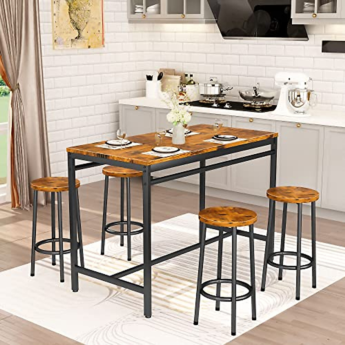 tantohom Dining Table Set for 4, Metal Frame Modern Wood Bar Table and Chairs Set, Kitchen Table and Chairs for 11 for Space Saving
