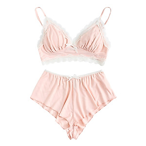 SweatyRocks Women's Lace Trim Underwear Lingerie Straps Bralette and Panty Set Lace Pink Medium