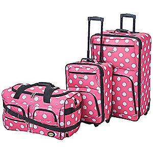Rockland Vara Softside 3-Piece Upright Luggage Set, Expandable,Lightweight,Telescopic Handle,Wheel, Pink Dots, 20 inches,22 inches,28 inches