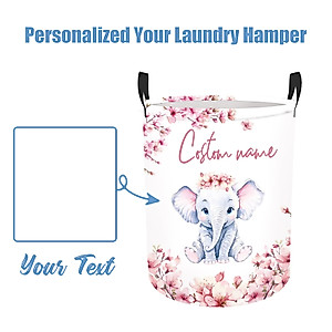 Rucekia Custom Name Laundry Hamper Kids with Elephant Print, Personalized Laundry Basket for Nursery Girl, Customize Baby Name Laundry Baskets for Boys Girls Adults 2 Sizes