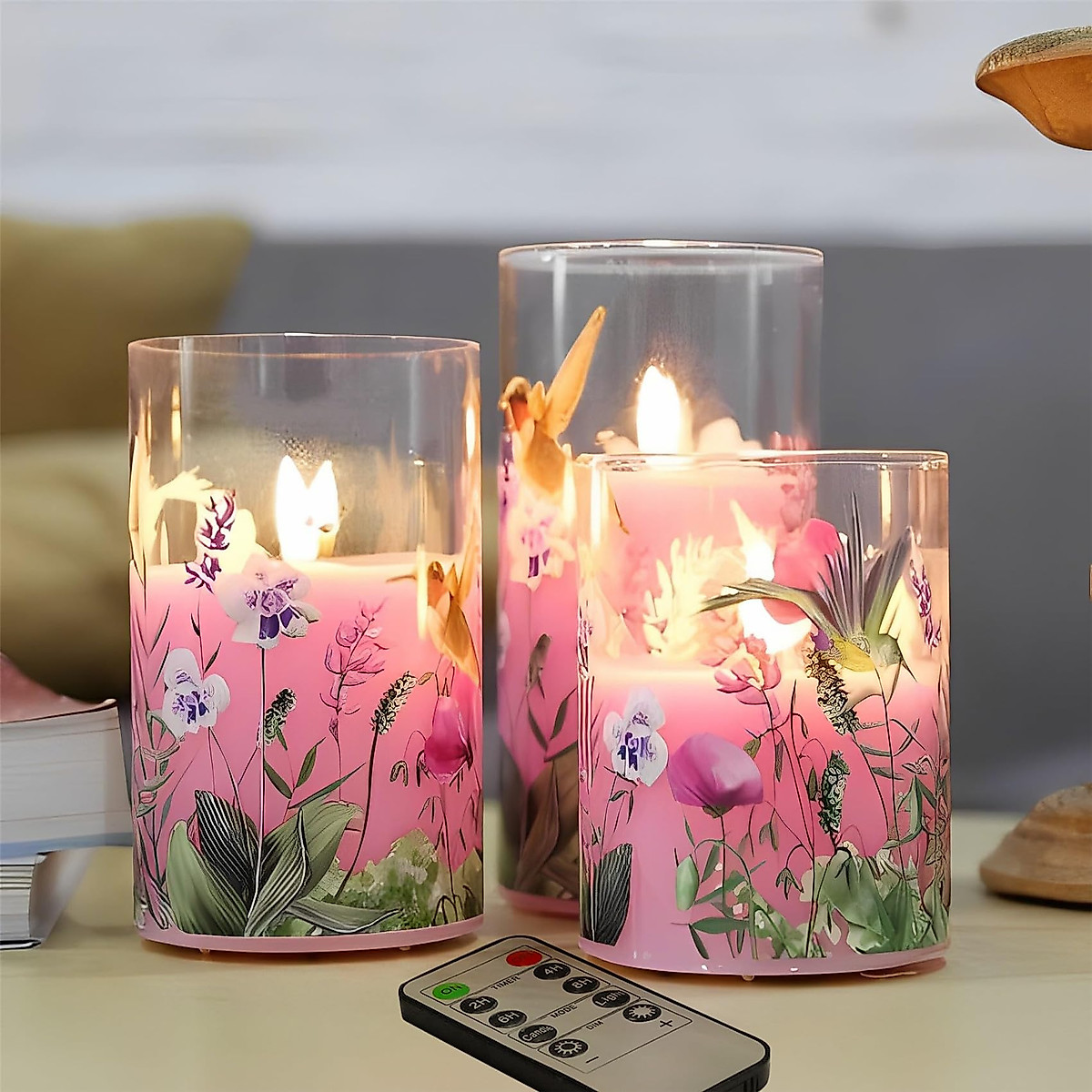 Girimax Pink Hummingbird Glass LED Candles with Remote, Flickering Flameless Candles Battery Operated Φ 3" H 4" 5" 6"