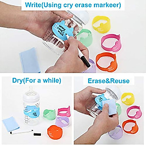 Baby Bottle Labels for Daycare, Durable Writable Reusable Food -Grade Silicone 6 Pack Baby Bottle Labels with Dry Erase Marker Foretoo