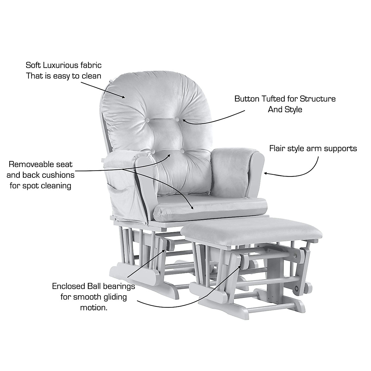 Suite Bebe Carson Glider and Ottoman in White Wood and Woven Gray Fabric