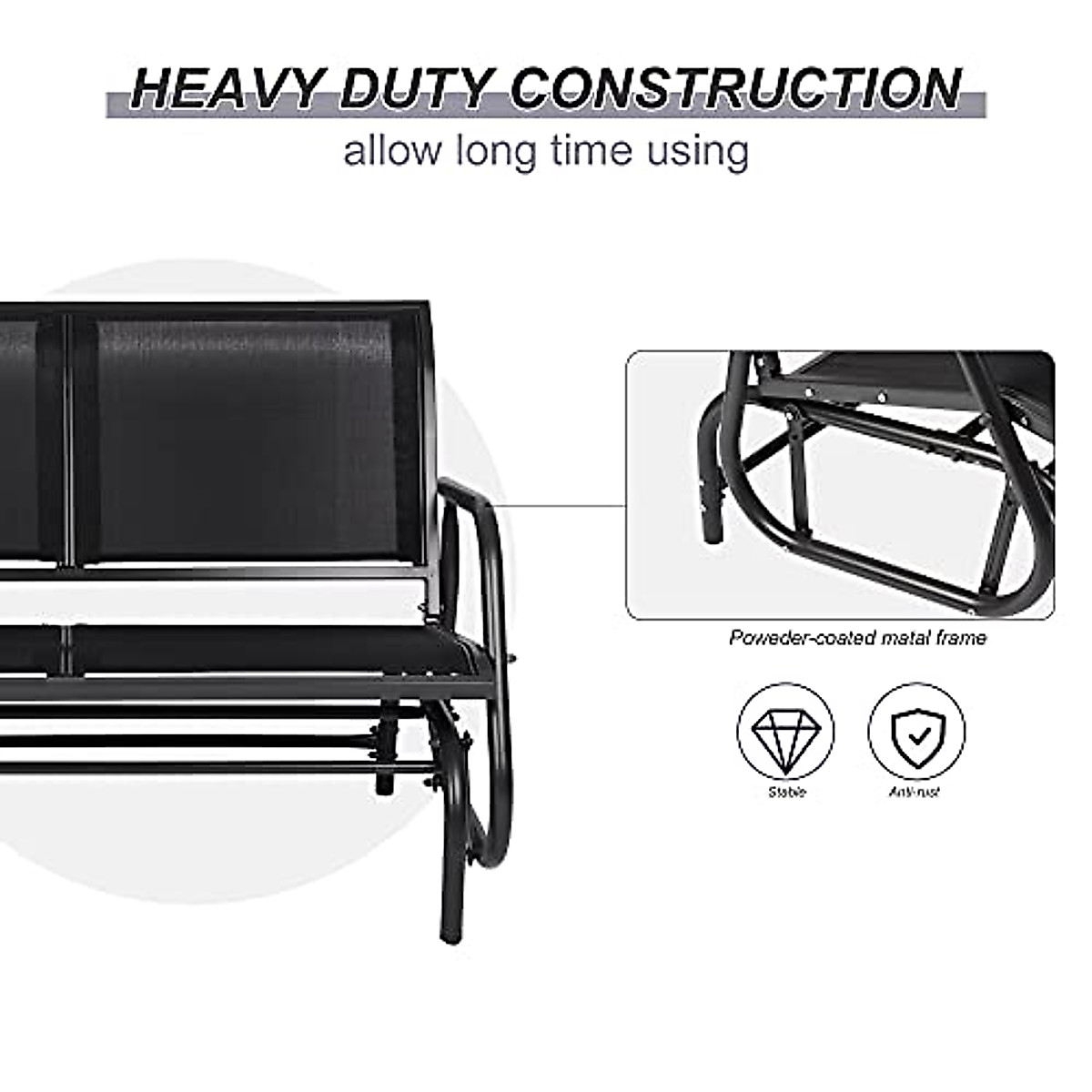 Koreyosh Outdoor Glider Bench 2-Person Rocking Loveseat Chair Patio Swing Rocker w/Powder Coated Frame and Textilene Mesh Seating for Porch Yard Graden, Black