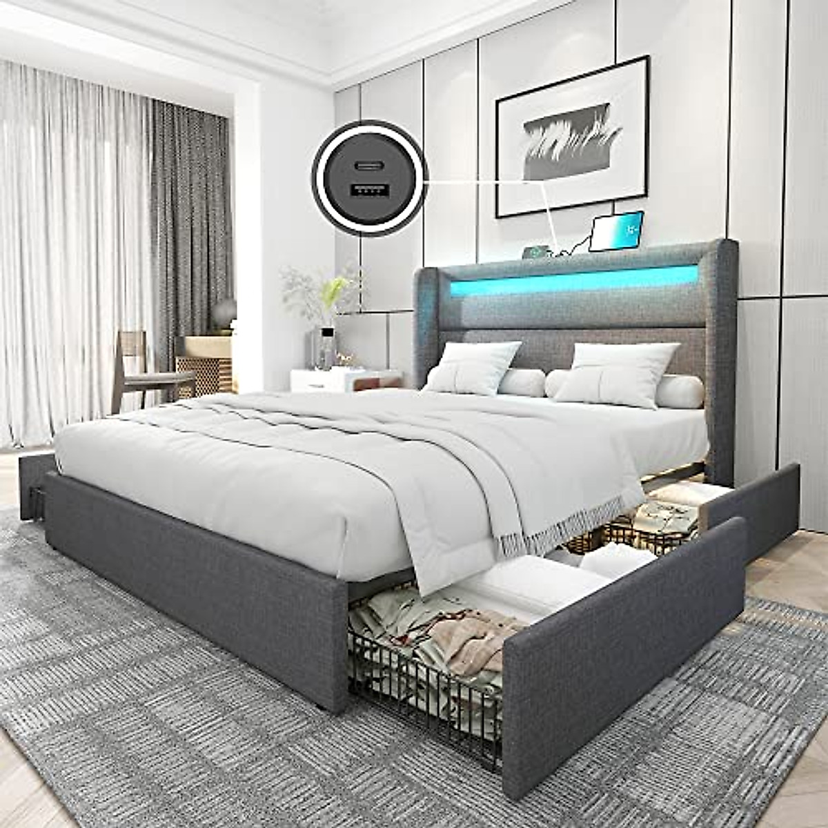 AMERLIFE King Bed Frame with RGBW LED Lights Headboard & 4 Storage Drawers, Upholstered Smart Platform Bed with USB & USB-C Ports, Box Spring Optional, Light Grey