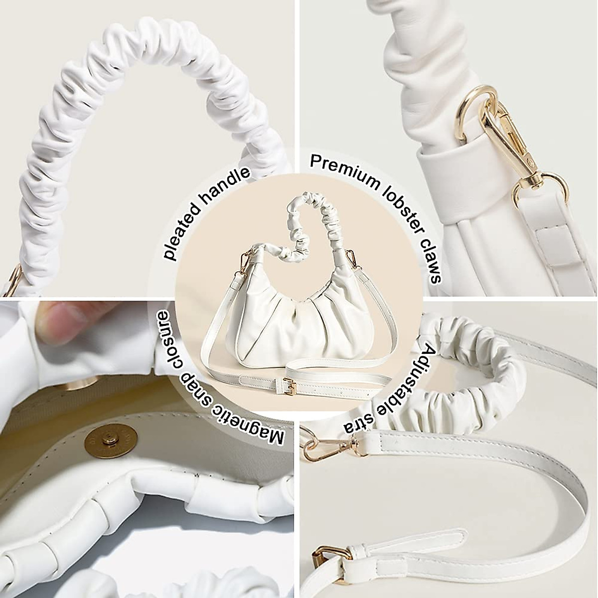 Gxamz Ruched Cloud Shoulder Purse and Dumpling Bag for Women Small Crossbody Handbag with Removable Shoulder Strap (white)