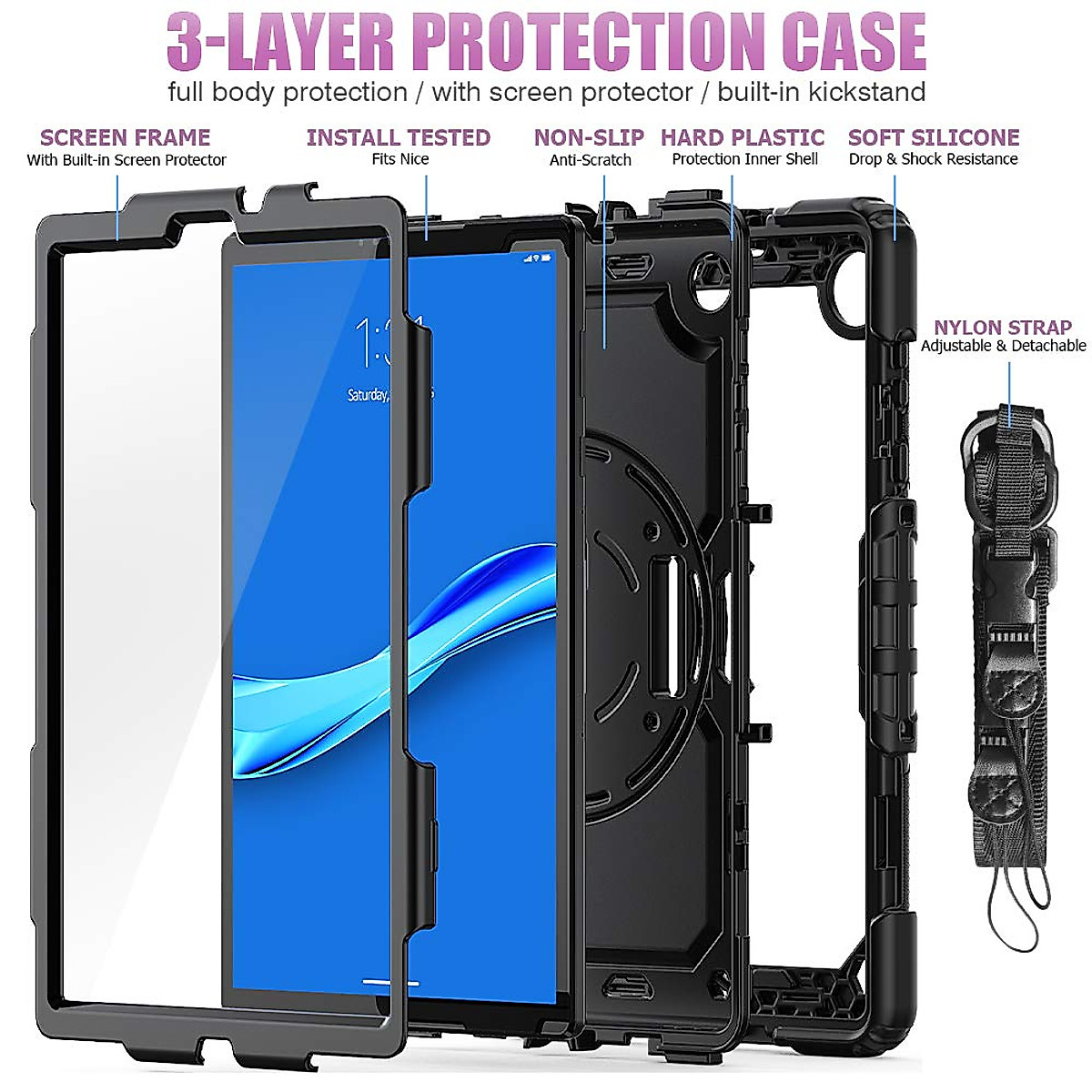 Case for Lenovo Tab M11 TB-331FC with Screen Protector Pen Holder | Herize Lenovo Tab M11 Case with 360 Rotating Kickstand Hand Grip Shoulder Strap | Black
