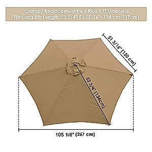 Yescom 9' Patio Umbrella Replacement Canopy 6 Rib Outdoor Yard Garden Deck Lawn Market Parosol Cover Top Color Tan