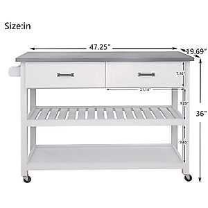Amposei Kitchen Island 47’’ Stainless Steel Top Rolling Utility Cart on Wheels with Drawers and Storage Shelves (White)