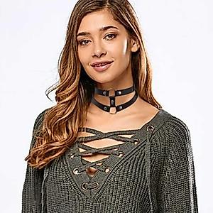 Obmyec Black Leather Choker Punk Short Collar Gothic 2-tier Circle Rivet Necklace Soft PU Leather Short Neck Accessories for Women