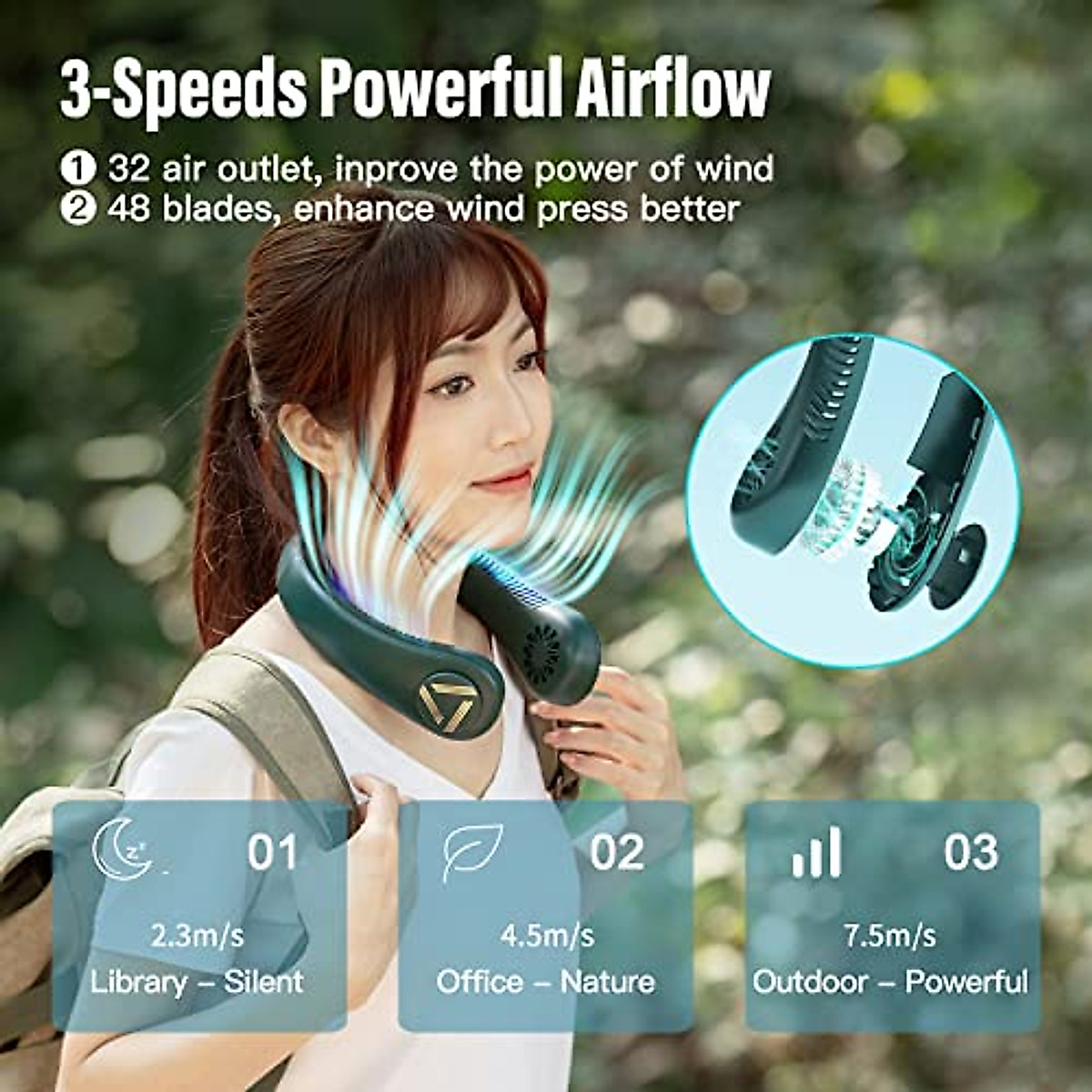 Dytecue Neck Fan AC Portable Air Conditioner Cooling Neck Fans Personal Bladeless Fan 4000 mAh Rechargeable Leafless USB Fan, 360° 1s Cooling&3 Speeds Blowing, Lightweight Wearable Fan(Blackish Green)