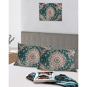 Edwiinsa Boho Modern Pillow Covers Standard Size Set of 2 20x26 Bed Pillow, Plush Soft Comfort for Hair/Skin Cooling Pillowcases with Envelop Closure Throw Covers Green Abstract Minimalist Flower